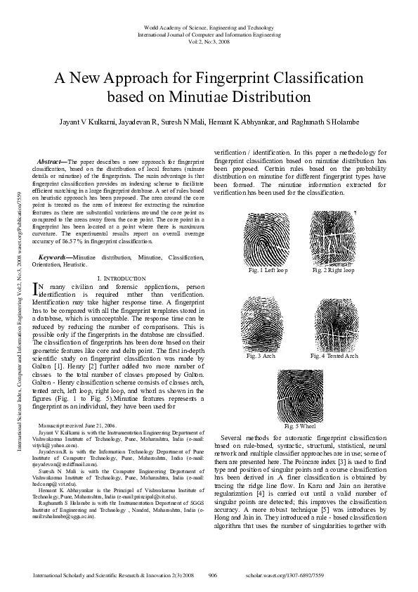 Pdf A New Approach For Fingerprint Classification Based On Minutiae Distribution Jayant