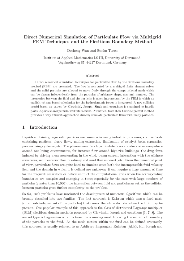 Pdf Direct Numerical Simulation Of Particulate Flow Via Multigrid Fem Techniques And The