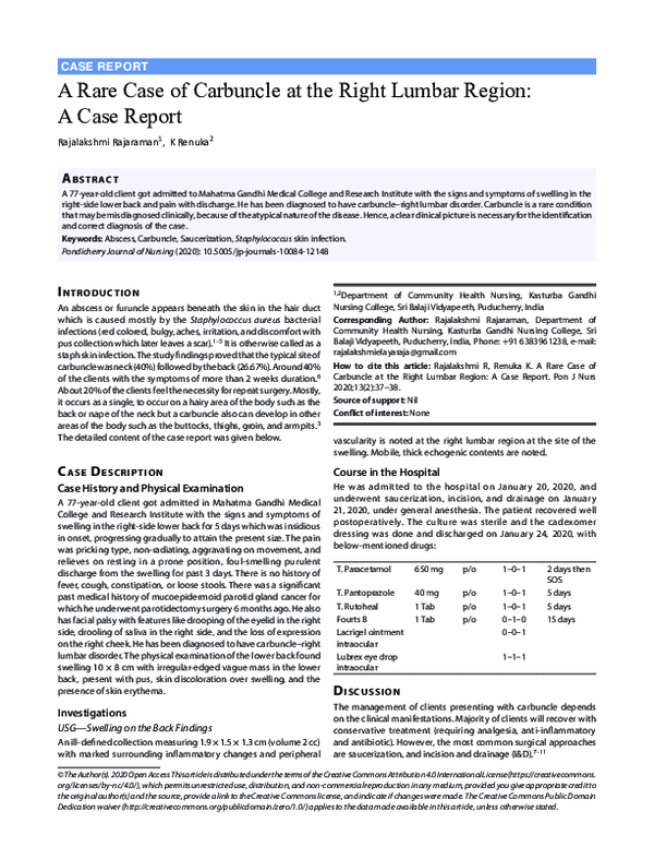 (PDF) A Rare Case of Carbuncle at the Right Lumbar Region: A Case Report