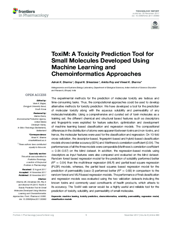 Pdf Toxim A Toxicity Prediction Tool For Small Molecules Developed Using Machine Learning And