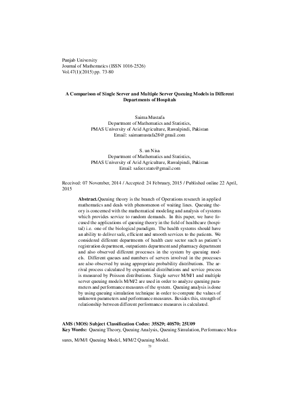 Pdf A Comparison Of Single Server And Multiple Server Queuing Models In Different Departments