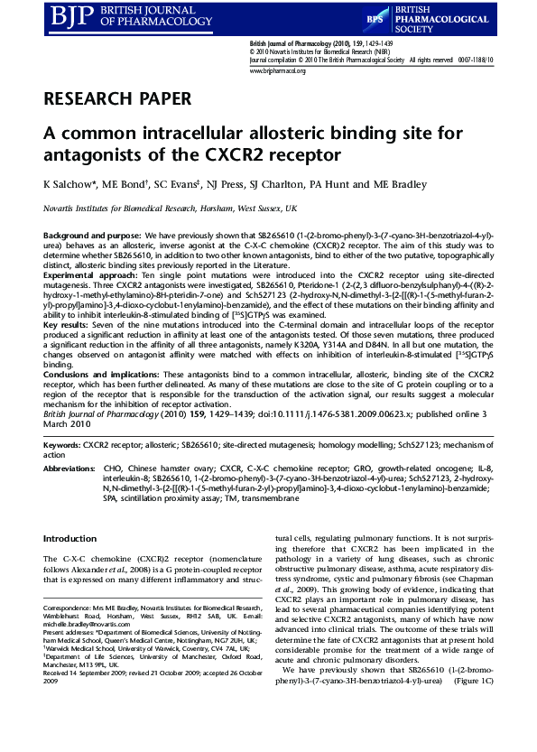 (PDF) A common intracellular allosteric binding site for antagonists of the CXCR2 receptor ...