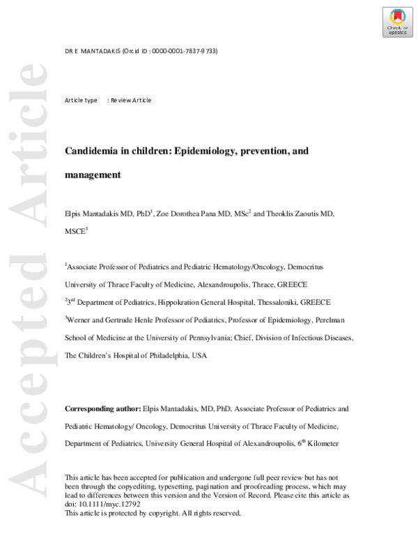 (PDF) Candidemia in children: Epidemiology, prevention and management