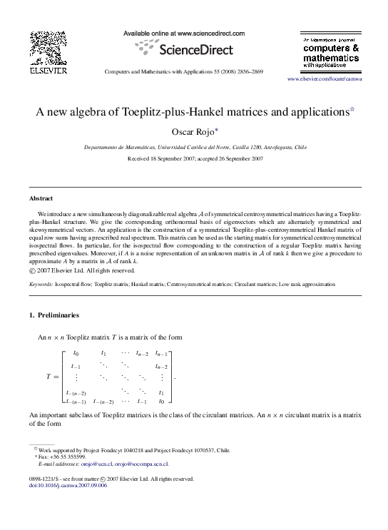 Pdf A New Algebra Of Toeplitz Plus Hankel Matrices And Applications