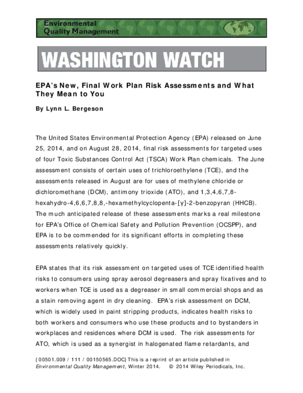 (PDF) EPA's New, Final Work Plan Risk Assessments and What They Mean to You
