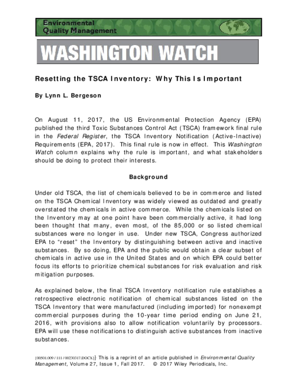 (PDF) Resetting the TSCA Inventory: Why This Is Important