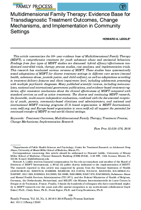 (PDF) Multidimensional Family Therapy: Evidence Base for ...