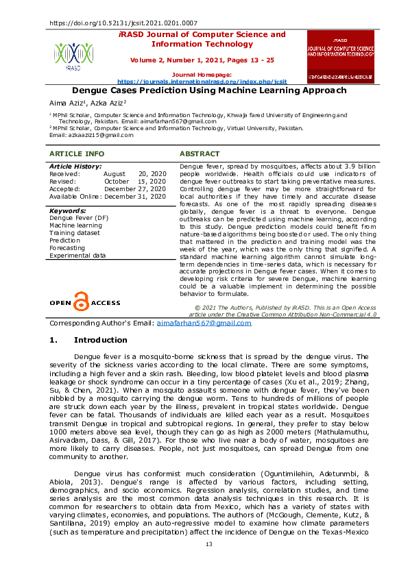 Pdf Dengue Cases Prediction Using Machine Learning Approach
