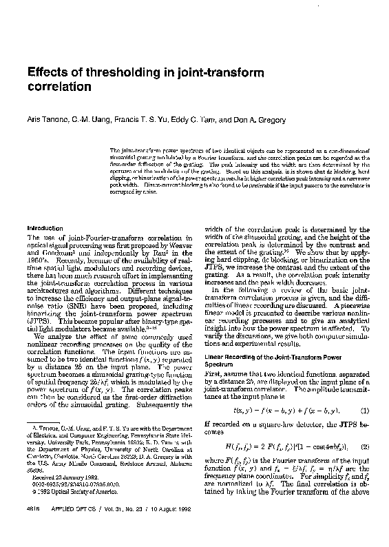 Effects Of Thresholding In Joint Transform Correlation