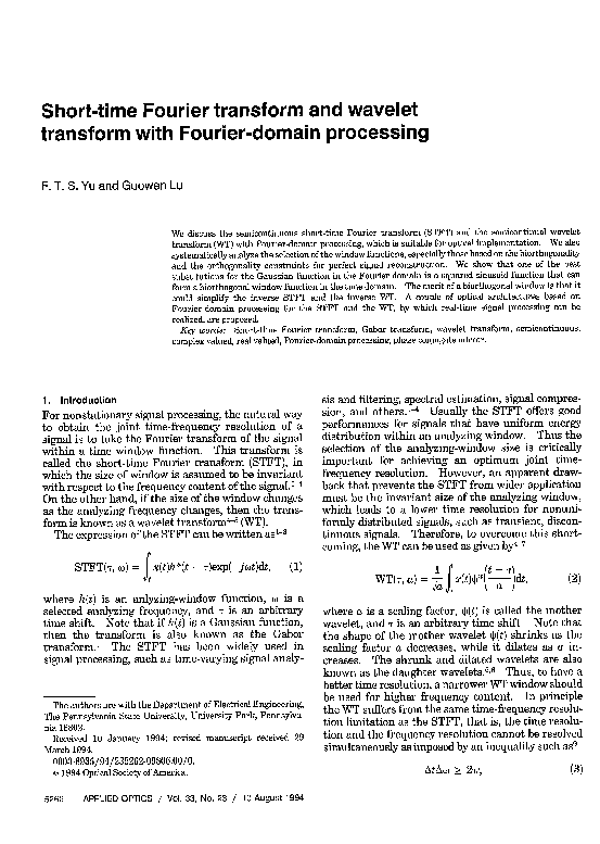 Pdf Short Time Fourier Transform And Wavelet Transform With Fourier