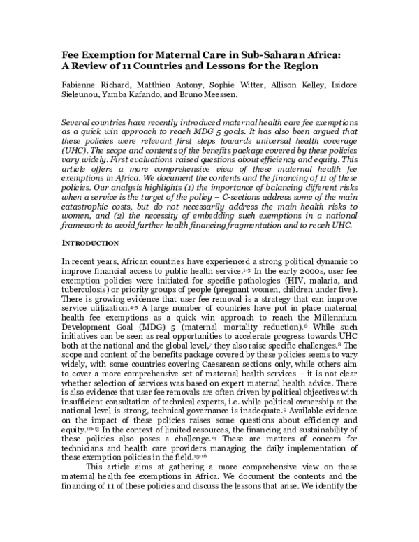 PDF Fee Exemption For Maternal Care In Sub Saharan Africa A Review Of 11 Countries And pdf-fee-exemption-for-maternal-care-in-sub-saharan-africa-a-review-of-11-countries-and