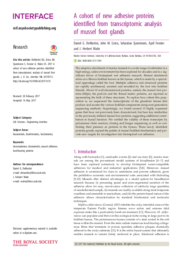 (PDF) A cohort of new adhesive proteins identified from transcriptomic ...
