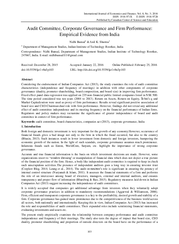 (PDF) Audit Committee, Corporate Governance and Firm Performance: Empirical Evidence from India