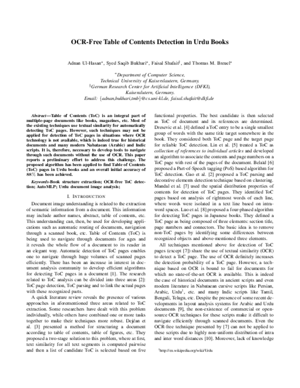 (PDF) OCR-Free Table of Contents Detection in Urdu Books
