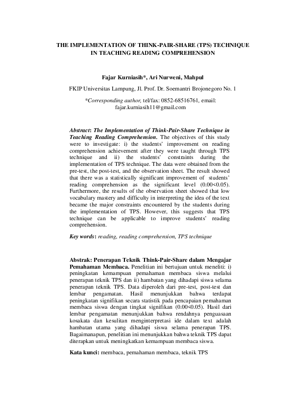 (PDF) The Implementation of Think-Pair-Share` (TPS) Technique in Teaching Reading Comprehension ...