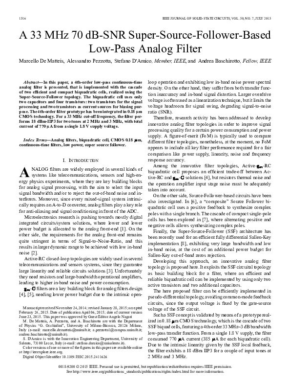 (PDF) A 33-MHz 70dB-SNR super-source-follower-based low-pass analog filter