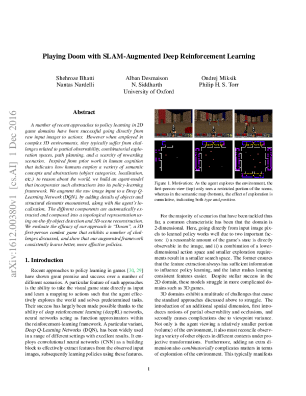 (PDF) Playing Doom with SLAM-Augmented Deep Reinforcement Learning