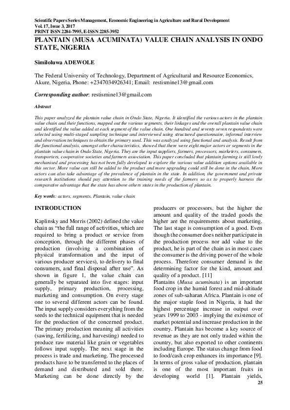 (PDF) Plantain (Musa Acuminata) Value Chain Analysis in Ondo State, Nigeria
