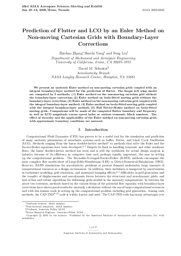 Pdf Prediction Of Flutter And Lco By An Euler Method On Non Moving Cartesian Grids With