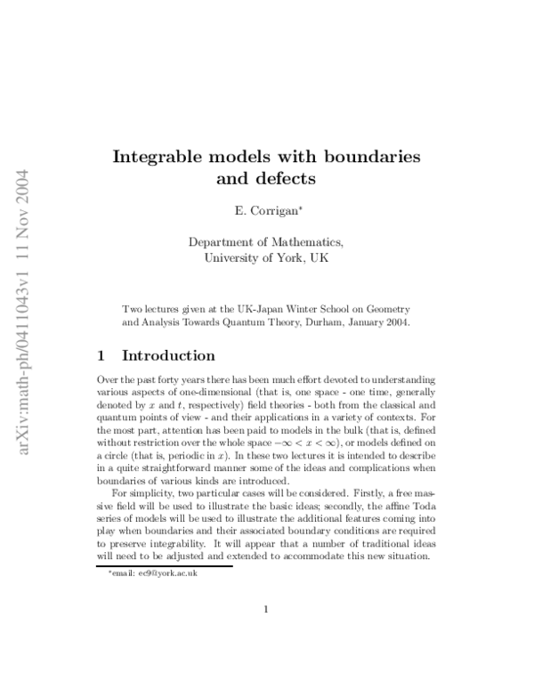 (PDF) Integrable models with boundaries and defects