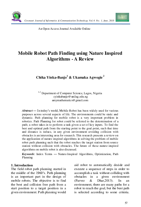 (PDF) Mobile Robot Path Finding using Nature Inspired Algorithms - A Review