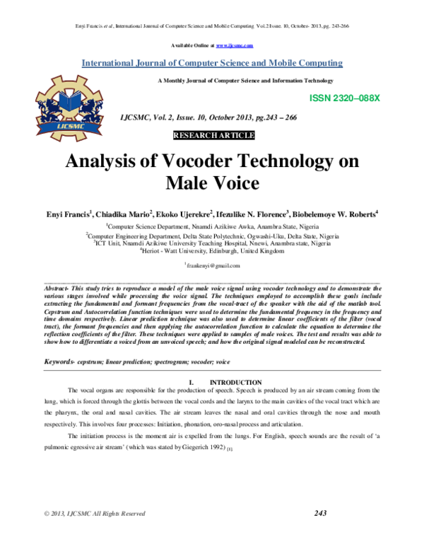 (PDF) Analysis of Vocoder Technology on Male Voice