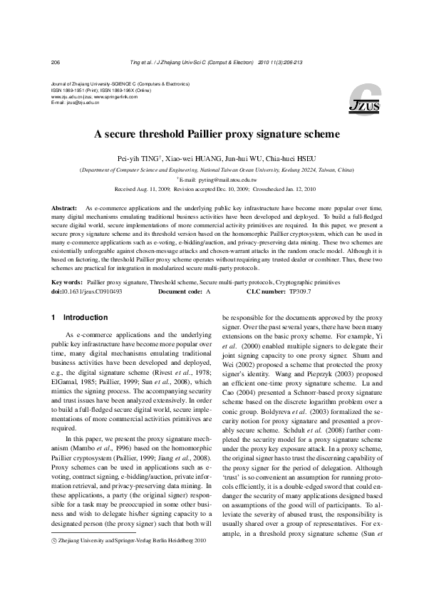 (PDF) A secure threshold Paillier proxy signature scheme