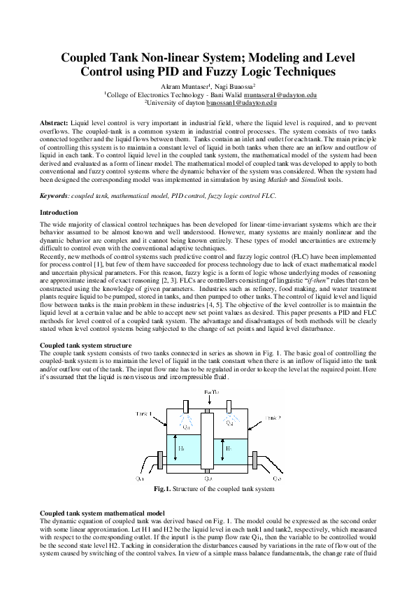 (PDF) Coupled Tank Non-linear System; Modeling and Level Control using PID and Fuzzy Logic ...