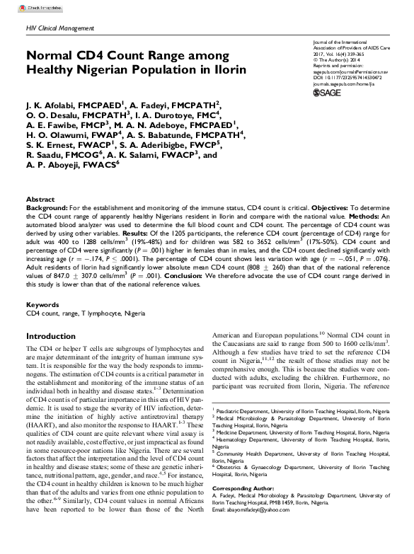 (PDF) Normal CD4 Count Range among Healthy Nigerian Population in ...