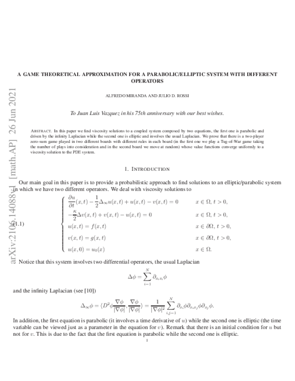 Pdf A Game Theoretical Approximation For A Parabolicelliptic System With Different Operators