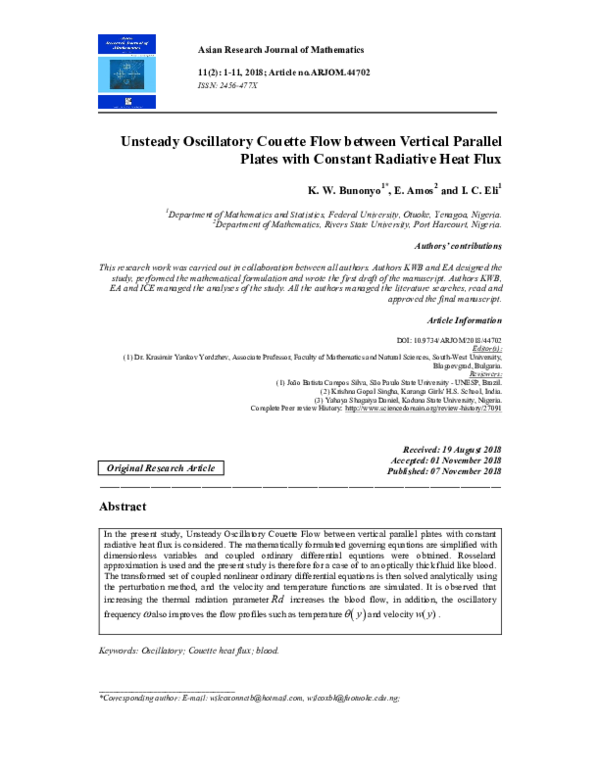 (PDF) Unsteady Oscillatory Couette Flow between Vertical Parallel ...