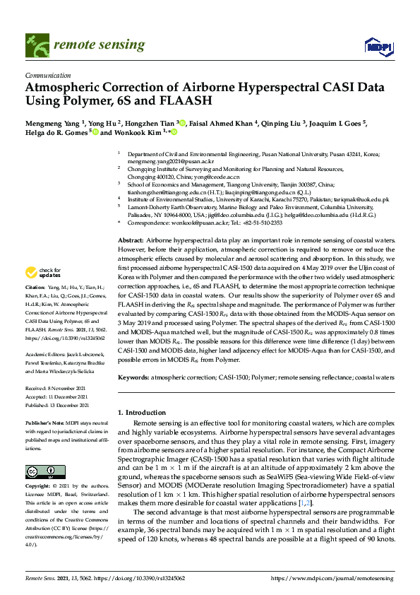 (PDF) Atmospheric Correction of Airborne Hyperspectral CASI Data Using Polymer, 6S and FLAASH