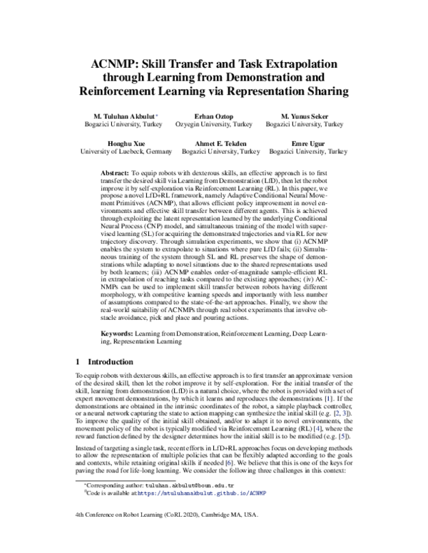 (PDF) ACNMP: Skill Transfer and Task Extrapolation through Learning from Demonstration and ...