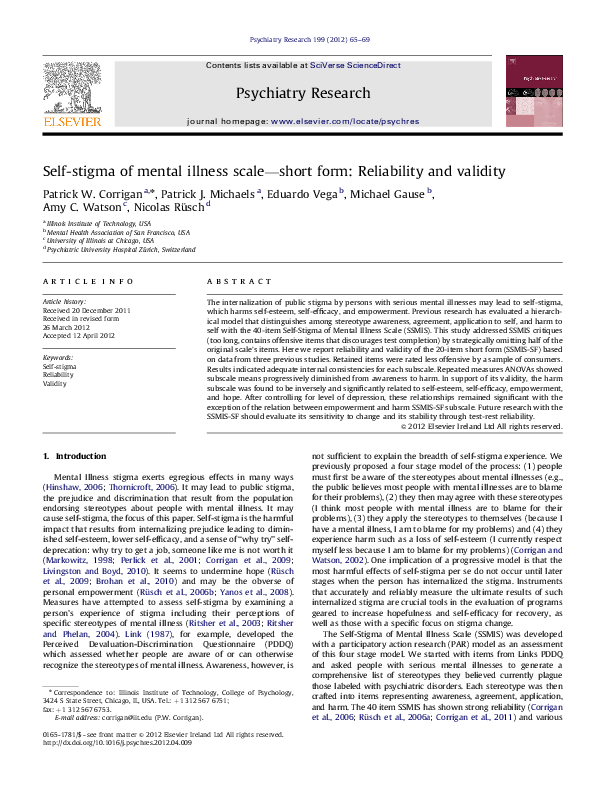 (PDF) Self-stigma of mental illness scale—short form: Reliability and ...
