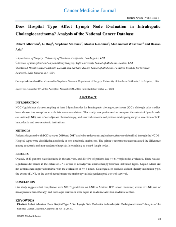 (PDF) Does Hospital Type Affect Lymph Node Evaluation in Intrahepatic Cholangiocarcinoma ...