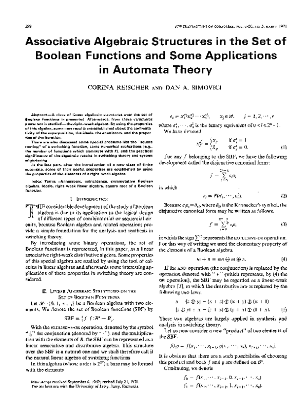 (PDF) Associative Algebraic Structures in the Set of Boolean Functions and Some Applications in ...