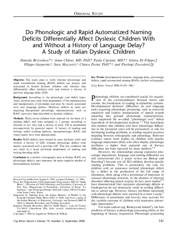 (PDF) Do Phonologic and Rapid Automatized Naming Deficits ...