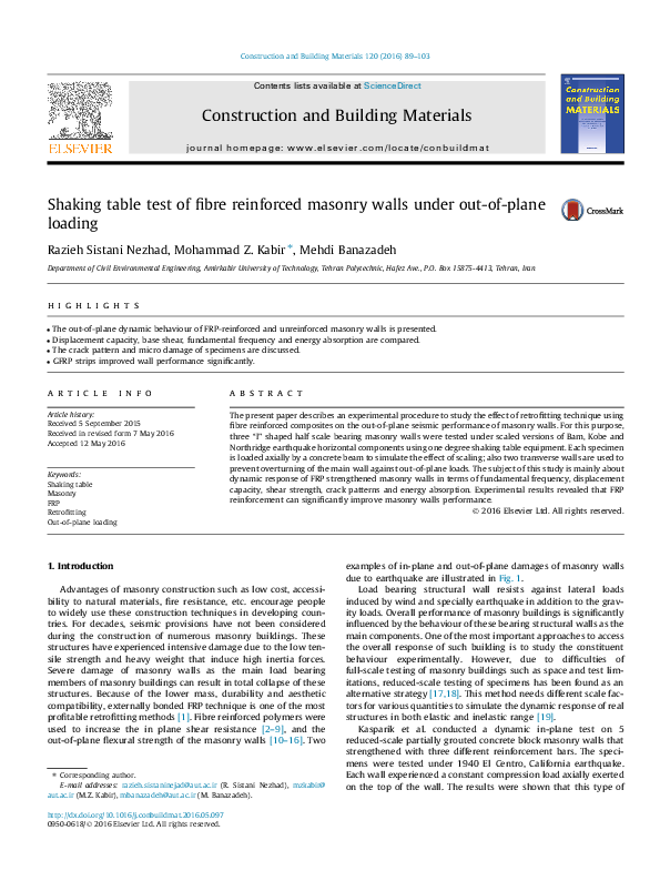 (PDF) Shaking table test of fibre reinforced masonry walls under out-of ...