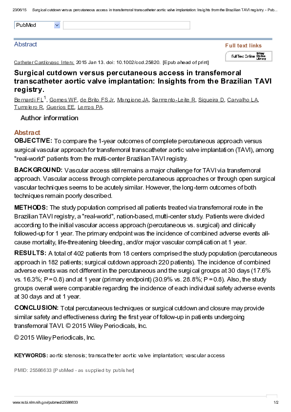 (PDF) Surgical cutdown versus percutaneous access in transfemoral ...
