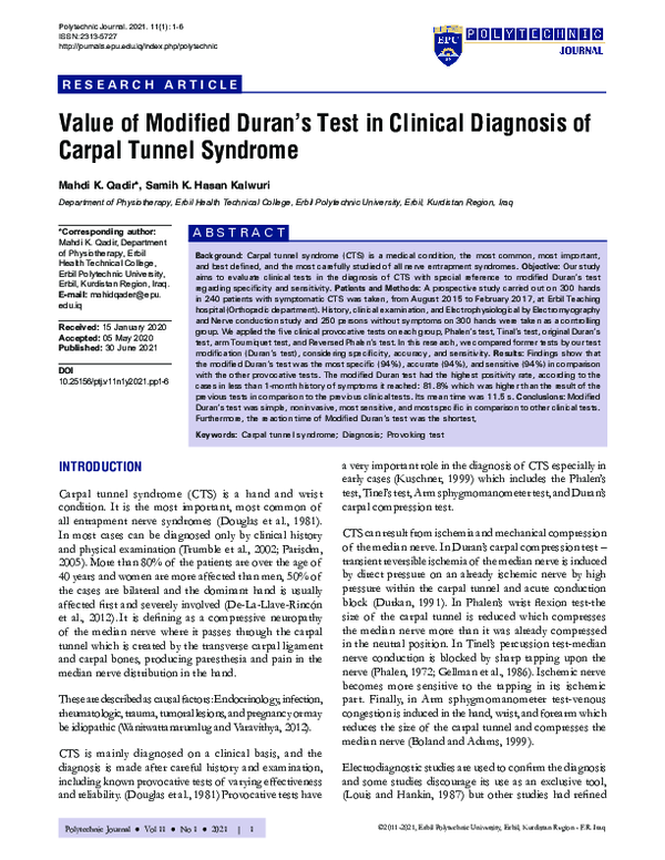 (PDF) Value of Modified Duran’s Test in Clinical Diagnosis of Carpal ...