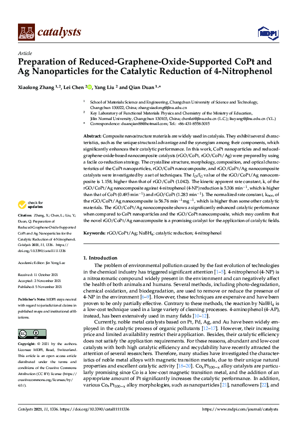 (PDF) CoPt and Ag Nanoparticles on Reduced Graphene Oxide for 4-NP Reduction