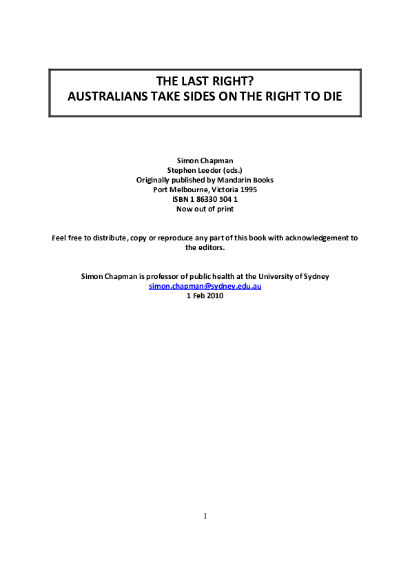 (PDF) The Last Right?: Australians Take Sides on the Right to Die ...