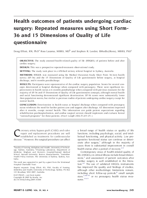 (PDF) Health outcomes of patients undergoing cardiac surgery: Repeated ...