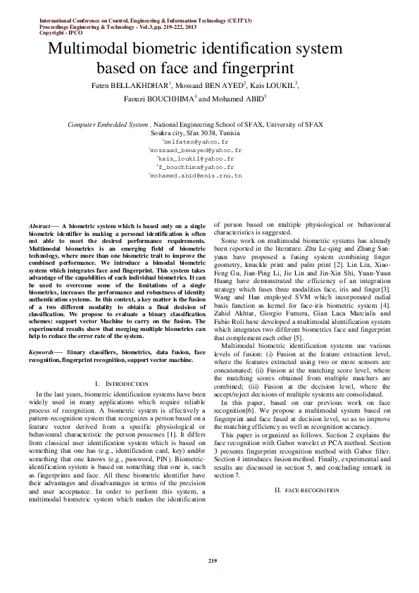 (PDF) Multimodal biometric identification system based on face and fingerprint