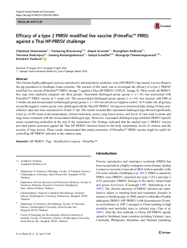 (PDF) Efficacy of a type 2 PRRSV modified live vaccine (PrimePac™ PRRS ...
