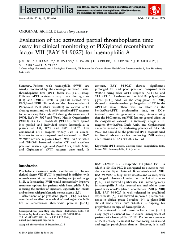 (PDF) Evaluation of the Activated Partial Thrombo-plastin Time (APTT ...