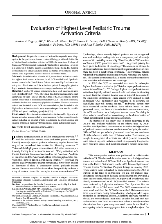 (PDF) Evaluation of Highest Level Pediatric Trauma Activation Criteria