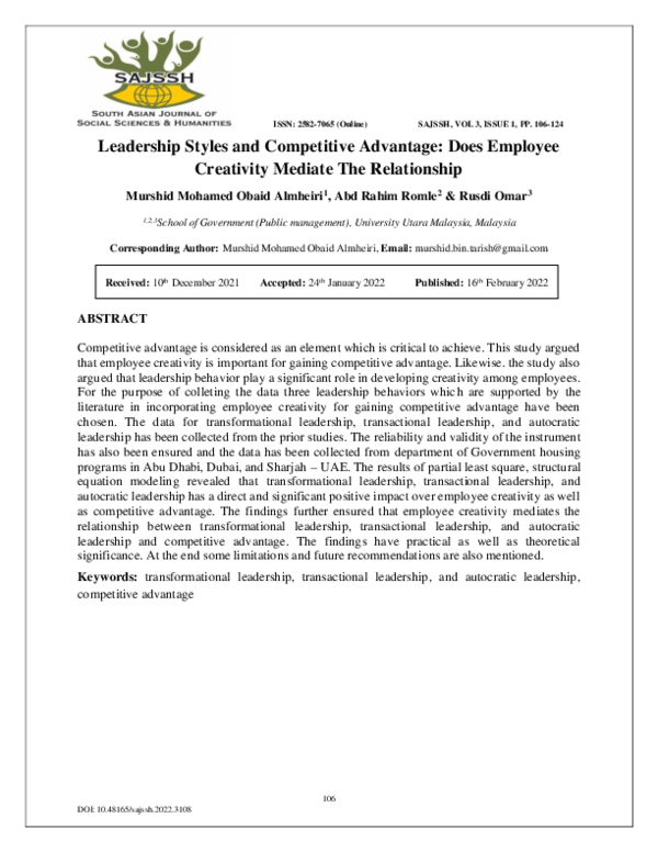 (PDF) Leadership Styles and Competitive Advantage: Does Employee ...