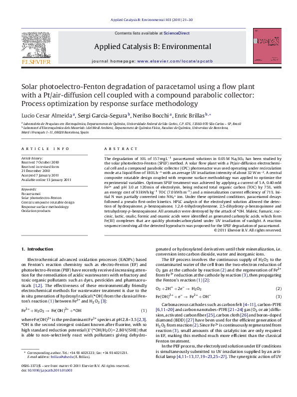 (PDF) Solar photoelectro-Fenton degradation of paracetamol using a flow plant with a Pt/air ...