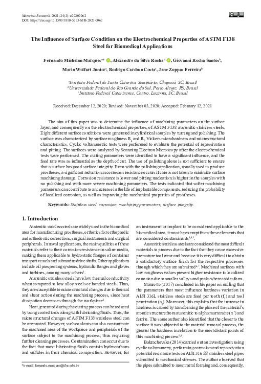 (PDF) The Influence of Surface Condition on the Electrochemical ...